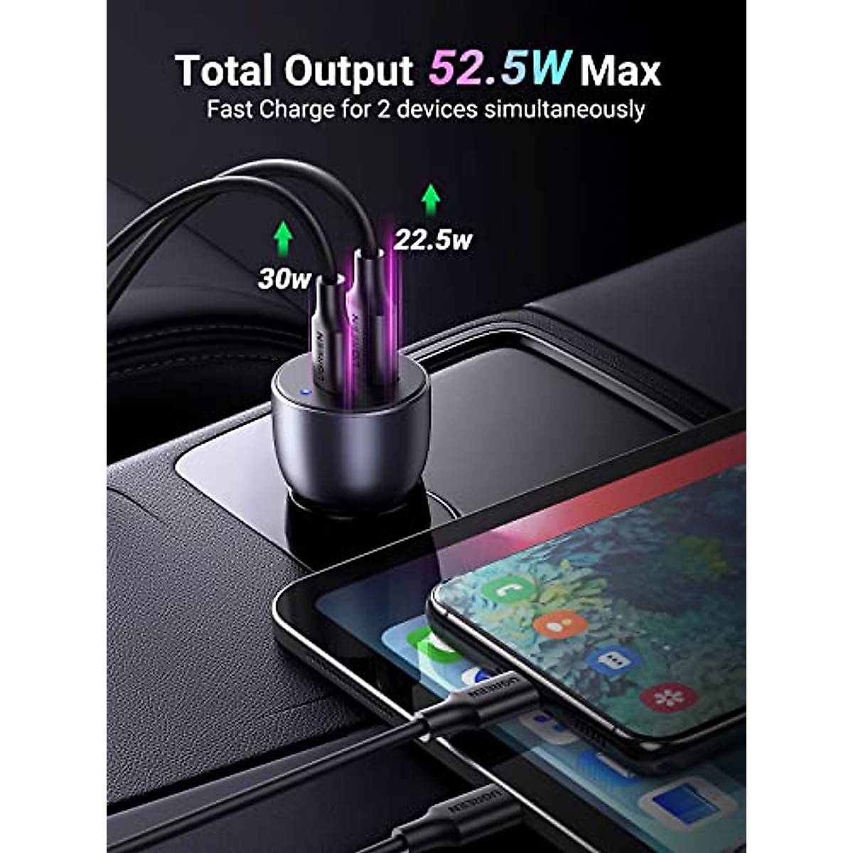 UGREEN USB C Car Charger, 52.5W Type C Car Charger PD 30W&QC 18W, Fast Car Charger Adapter Compatible with iPhone 14/13/12/11, iPad Pro/Mini/Air, Galaxy S23/S22/S21/S20/S10/Note 20, Pixel 7/6/5