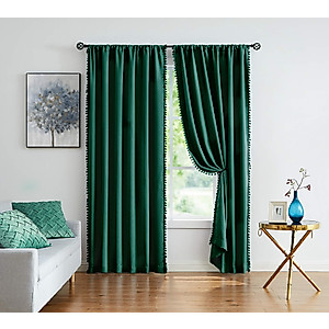 Green Blackout Curtains for Bedroom 84 inch Pom Pom Windows Drapes Cute Decorative Triple Weave Thermal Insulated Curtain Drapes for Nursery Room Studio Hotel 52" w x2 Panels Rod Pocket