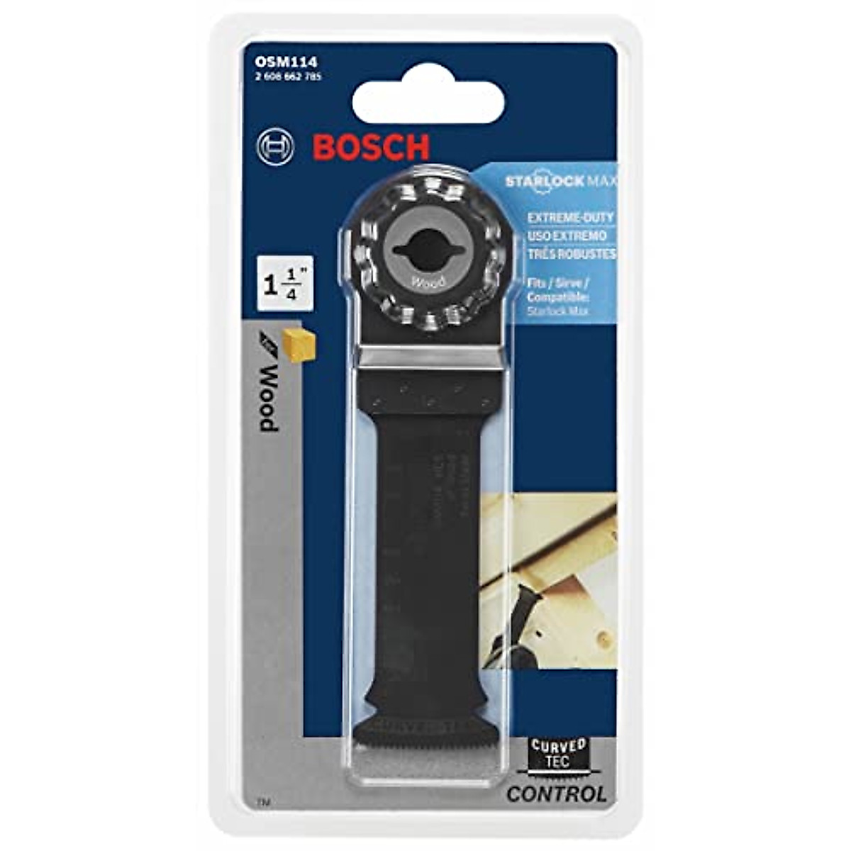 BOSCH OSM114 1-Piece 1-1/4 In. StarlockMax Oscillating Multi Tool Wood Curved-Tec High-Carbon Steel Plunge Cut Blade for Extreme-Duty General-Purpose Applications in Wood