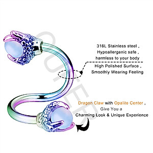 OUFER Twist Helix Earring 316L Stainless Steel Dragon Claw with Opalite Center 16G Twist Lip Labret Cartilage Upper Lobe Piercing Jewelry