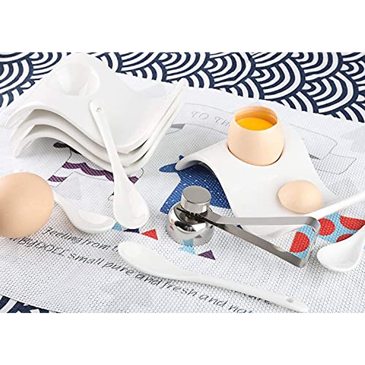Ceramic Egg Cups Holder Porcelain Egg Cup for Soft Boiled Eggs with Stainless Steel Egg Cracker Topper Cutter 4 Egg Spoons Egg Cups Stand Plates Set (9)