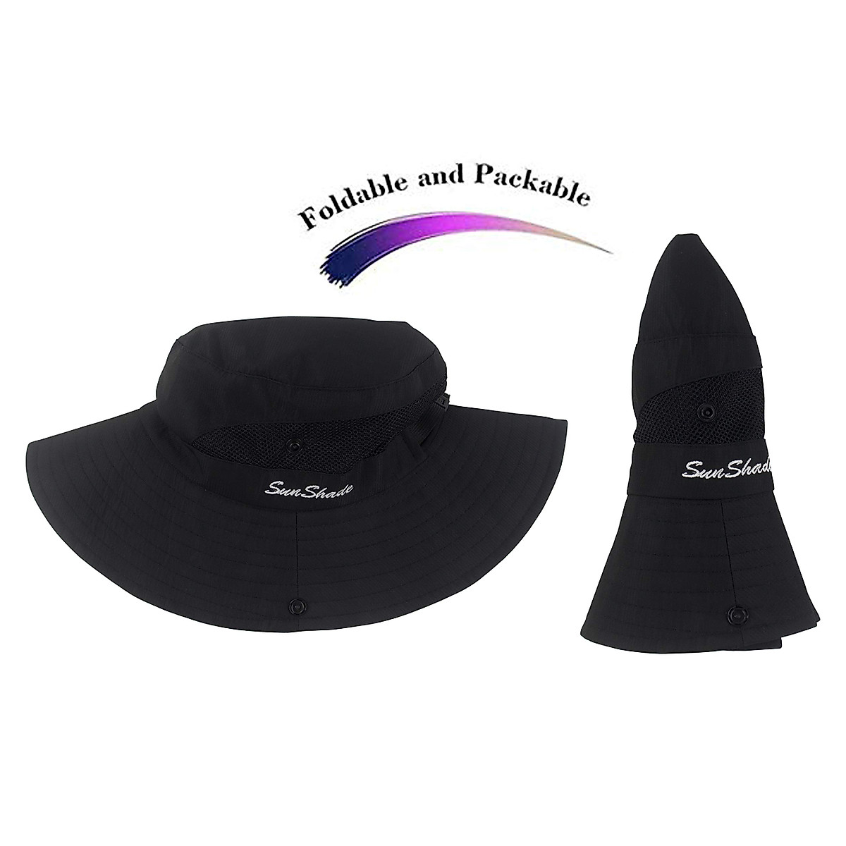 HGGE Women Ponytail Summer Sun Hat Wide Brim UV Hats Floppy Bucket Cap for Safari Beach Fishing Gardening Pure Black