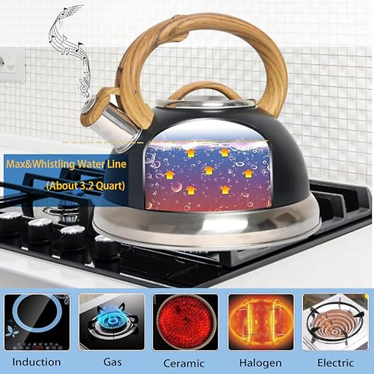 Starbbq 3.2 Quart Whistling Tea kettle for Stove Top, Stainless Steel Teapot for Stove Top with Handle and One-Touch Open and Close Button