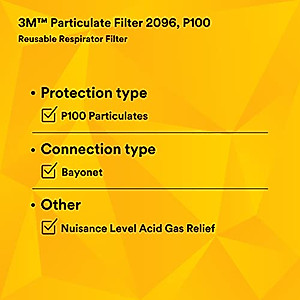 3M P100 Respirator Filter 2096, 1 Pair, Helps Protect Against Oil and Non-Oil Based Particulates, Nuisance Level Acid Gas Relief, Dust, Fumes, and Mists.