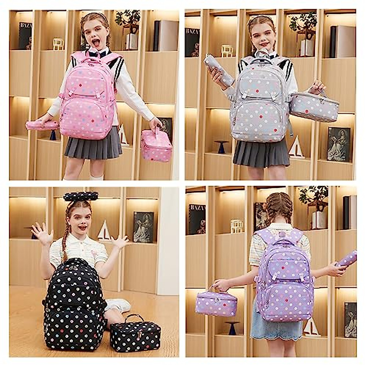 Armbq Polka-dot Print Backpacks for Girls with Lunch Box Teenage School Bookbag Set for Elementary Middle 3 Pieces Student Travel Bag