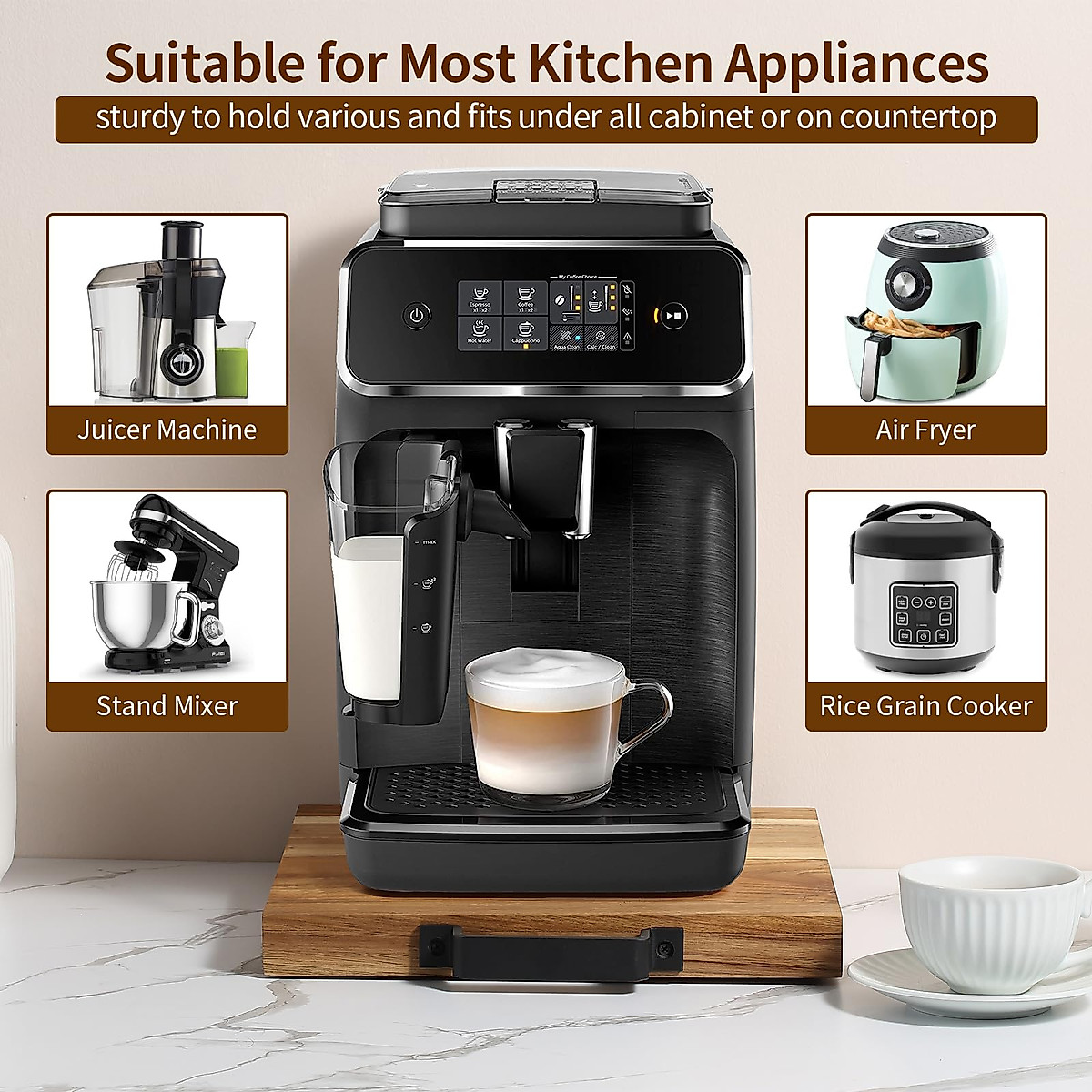 EVERBBKING Natural Acacia Sliding Tray for Coffee Machine Kitchen Appliance slider Moving Caddy, appliance slider,appliance rolling stand air fryer rolling tray