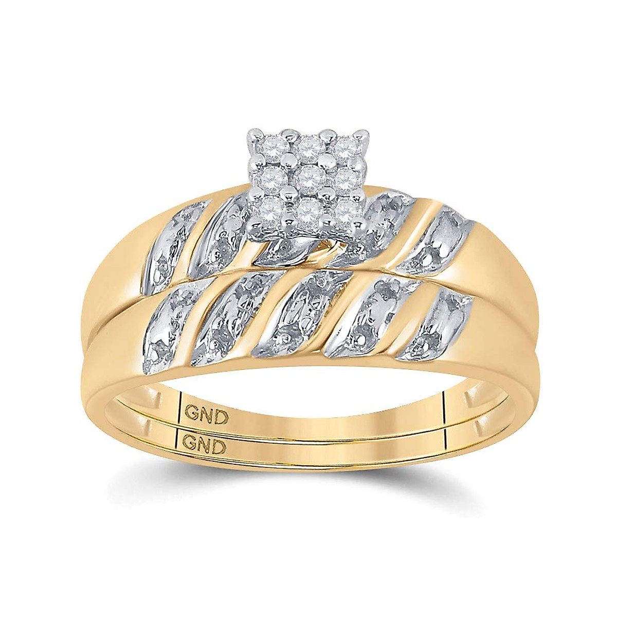Sizes - L = 7, M = 10 - 10k Yellow and White 2 Two Tone Gold Mens and Ladies Couple His & Hers Trio 3 Three Ring Bridal Matching Engagement Wedding Ring Band Set - Round Diamonds - Princess Shape Center Setting (.09 cttw) - Please use drop down menu to se