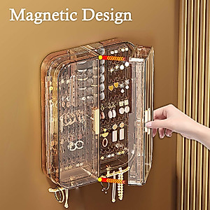 Qryval Wall Mounted Jewelry Organizer, No Punching Installation, Hanging Jewelry Organizer Box and Storage Case, Necklace Earring Holder Organizer Wall for Women Teen Girls (Gray Gold)