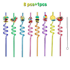 Hawaii Beach Summer Theme Party Favors Straws for Birthday Party Supplies with Cleaning Brush (8pcs)
