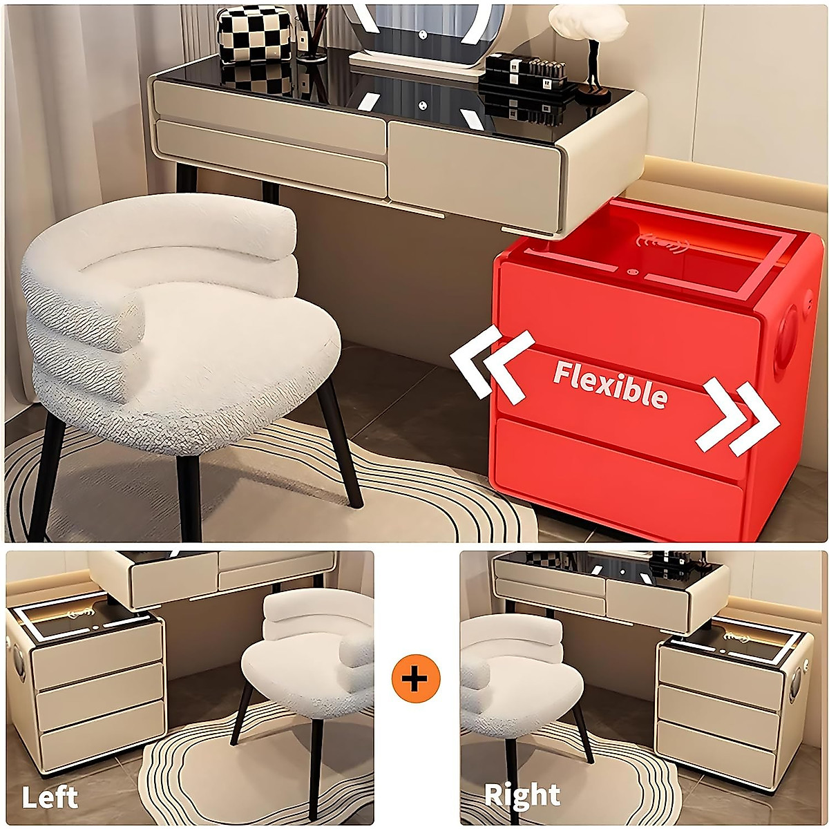 Pesnllov Vanity Desk - Makeup Vanity Table with Wireless Charging & Bluetooth Speaker, Solid Wood Bedroom Vanity, for Her (9 Drawers)