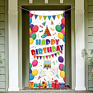 Kids Birthday Party Decorations, Colorful Balloons Present Happy Birthday Door Cover Washable Fabric Backdrop Banner Background for Newborn Baby Shower Celebration Supplies, 70.9 x 35.4 Inch