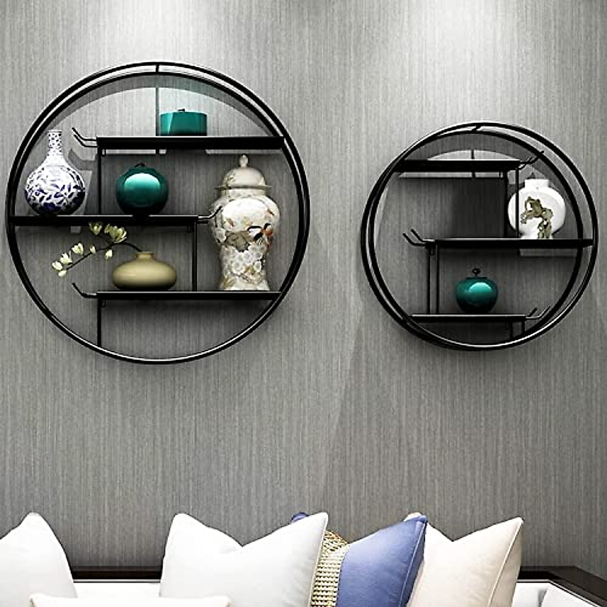 Bedroom Storage Shelf Multipurpose Wall-Mounted Decorative Shelf Metal Iron Round Display Stand/Floating Shelves Creative Living Room,Black,60cm