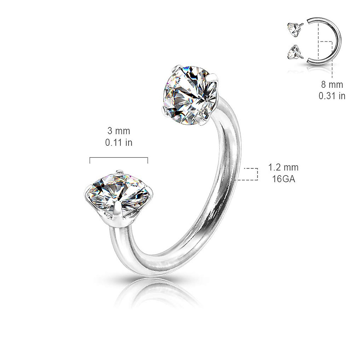 Amelia Fashion 16 Gauge Prong Set Round CZ Internally Threaded Circular Barbell/Horseshoe 316L Surgical Stainelss Steel (Choose Color) (Rose Gold/Clear)