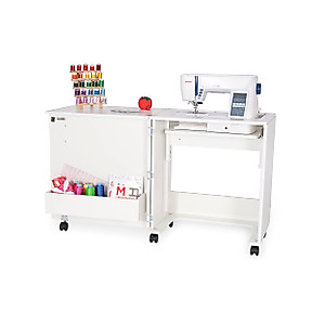 Arrow Sewing Classic Furniture “Judy” Sewing Cabinet: Portable, Folding, Compact, Locking Wheels, with Storage Bin and Hydraulic Machine Lift-White