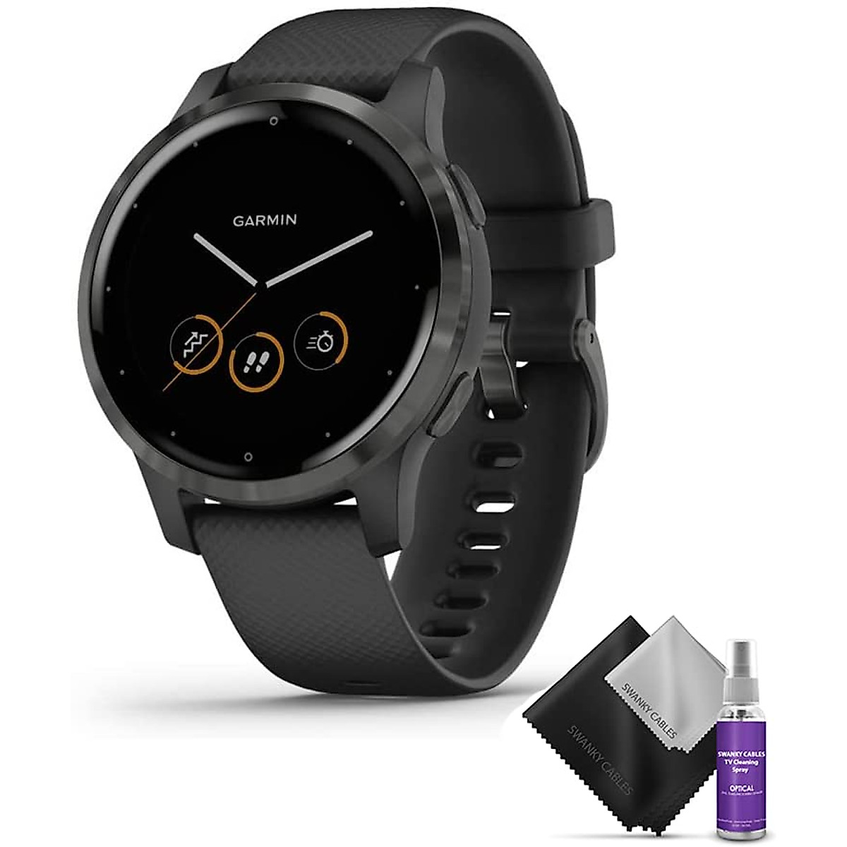 Garmin Vivoactive 4, GPS Smartwatch, Features Music, Body Energy Monitoring, Animated Workouts, Pulse Ox Sensors and More, Black & Bundled with Swanky Cables Cleaning Kit