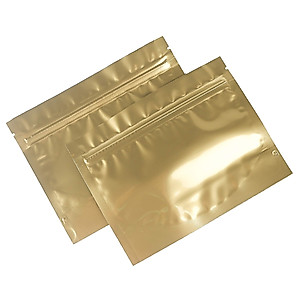 QQ Studio Pack of 100 Double-Sided Glossy Wide Mouth Smell Proof Stand Up Resealable Pouch Bags (Glossy Gold, 6.5x5" (3oz))