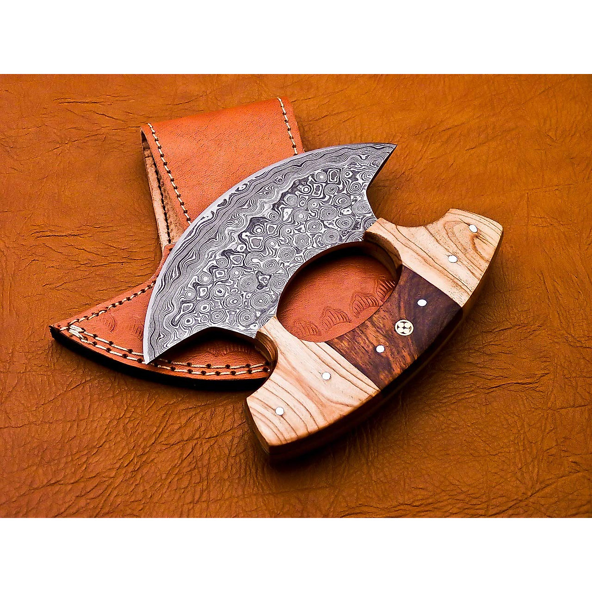 Handmade Damascus Chef Kitchen Ulu Knife Making Custom 100% Handmade Damascus Steel Handle Koa Wood with Leather Sheath B41