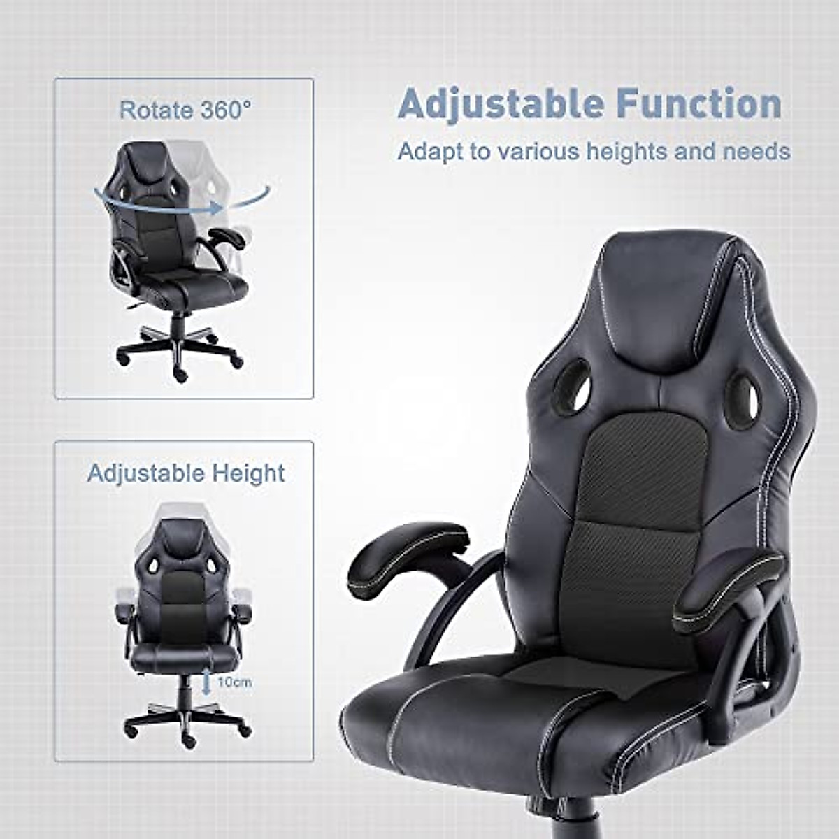 T-THREE.Gaming Chair Office Chair Computer Chair Video Gaming Chair with Lumbar and Back Support, Racing Style PU Leather, Height Adjustable, 360° Swivel with Adults, Women, Men,Teens and Kids Black