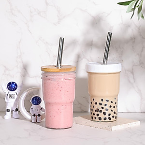 Moretoes 4pcs 16oz Glass Cups with Lids and Straws, Glass/Smoothie/Boba Cups, Reusable Glass Coffee Cups with Lids and Straw, Iced Coffee Cup