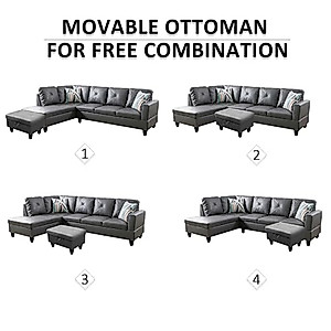 97" W Sectional Couches for Living Room, Sectional Sofas for Living Room, Modular Sectional Sofa with Storage Ottoman, L Shaped Couch, Faux Leather Couch for Living Room Furniture Sets, Dark Grey