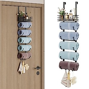 Over The Door Towel Racks for Bathroom,6 Tier Towel Rack Wall Mounted with Metal Shelf and Hooks,Rolled Towel Storage for Bathroom Door Holder Organizer Hanging,Black
