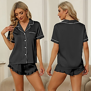 SAPJON Satin Silk Pajamas for Women 2Pcs Ruffle Notch Collar Sleepwear Button Down Short Sleeve Shorts Pjs Set Loungewear Black
