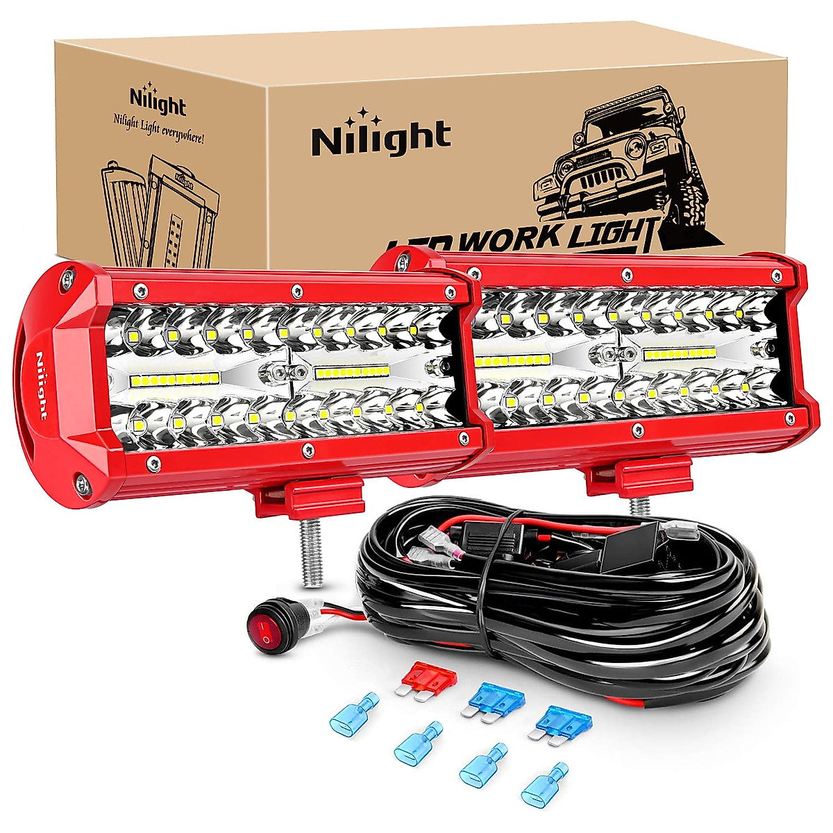 Nilight LED Light Bar 2PCS 6.5 Inch Triple Row Spot Flood Combo Lights w/Wiring Kit for Fog Driving Work Lighting on Off-Road Truck SUV ATV UTV