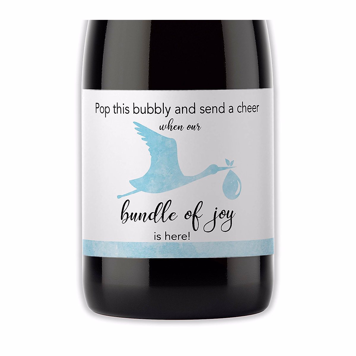BABY BOY Baby Shower Mini Champagne Labels - She’s About To POP Mini Champagne Bottle Labels ● SET of 12 ● Thank You for Celebrating with us - Blue Stork Bundle of Joy Favors WATERPROOF M101-STORK-12