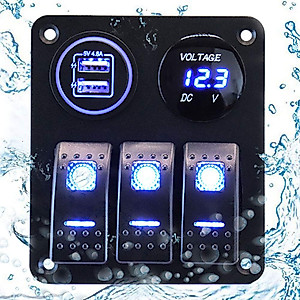 3 Gang Waterproof Marine Boat Rocker Switch Aluminum Panel, DC 12V/24V 5 Pin ON-Off Switch, with Upgrade Arc LED Digital Display Voltmeter and 4.8A Dual USB Slot Socket for Boat Car Rv Vehicles Truck
