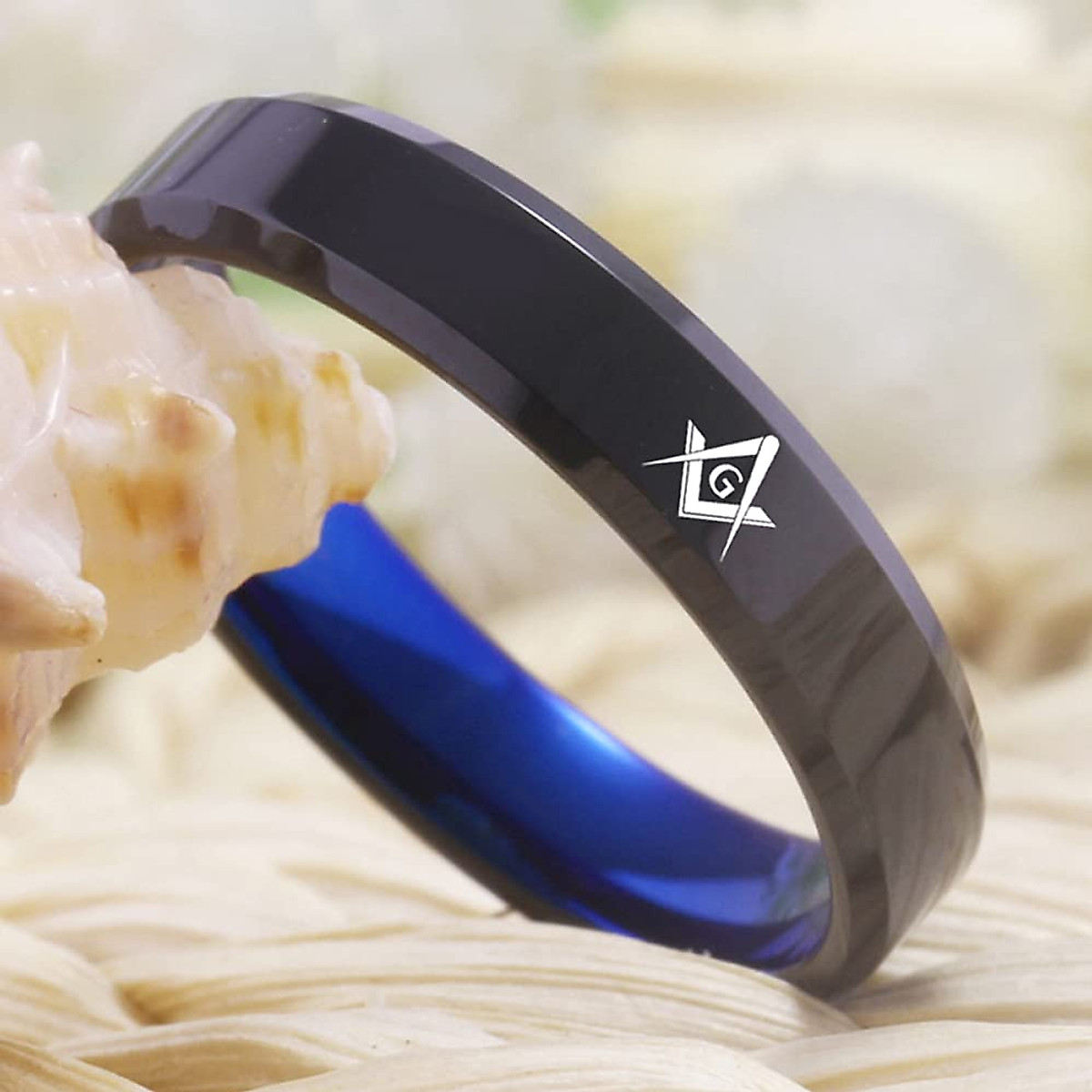 Masonic Freemason Ring/Masonic Compass Square Ring - 4mm/6mm Black Bevel Polished Finished and Blue Inside Tungsten Carbide Ring-Free Customized Engraving (4mm Width, 11)