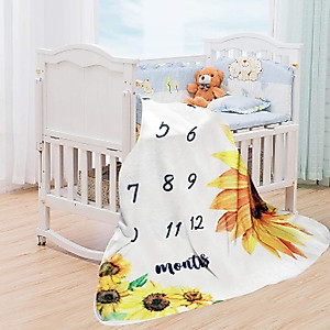 Baby Monthly Milestone Blanket Girl - Sunflower Newborn Month Blanket Personalized Shower Gift Floral Nursery Decor Flower Photography Background Prop with Frame Headband Large 51''x40''