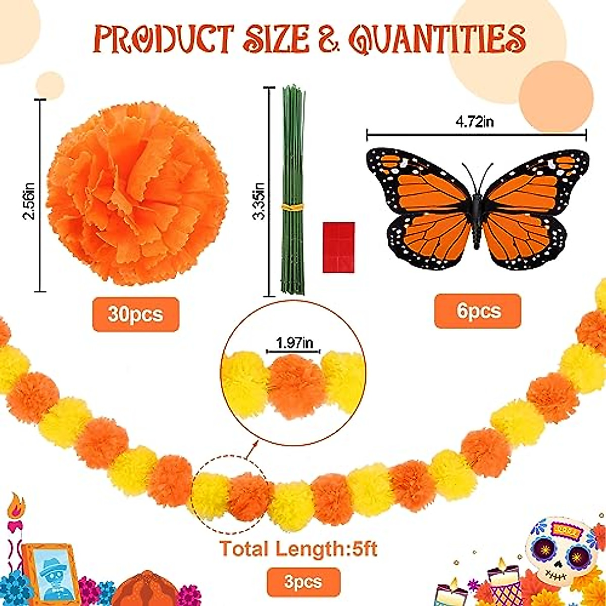 Day of The Dead Decorations Set of 3 Artificial Marigold Garland,30 Marigold Flowers with Stem,6 Butterfly,Dia de Los Muertos Decorations for Halloween Diwali Indian Party