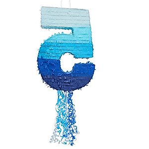 BLUE PANDA Number 5 Pinata - Pull String Pinata for Boys 5th Birthday Party Decorations, Ombre Blue (16.5 x 11.6 x 3 In)