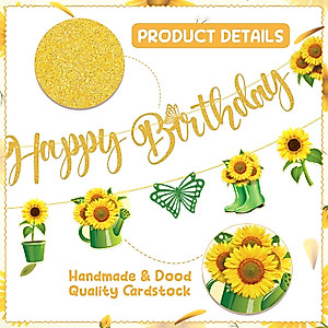 QAMEGX Sunflower Birthday Party Decorations- 2Pcs Rustic Sunflower Bunting Banner with Glitter Butterfly Sun Flower Happy Birthday Banner for Wedding Engagement Bridal Baby Shower Anniversary Graduation Party Supplies