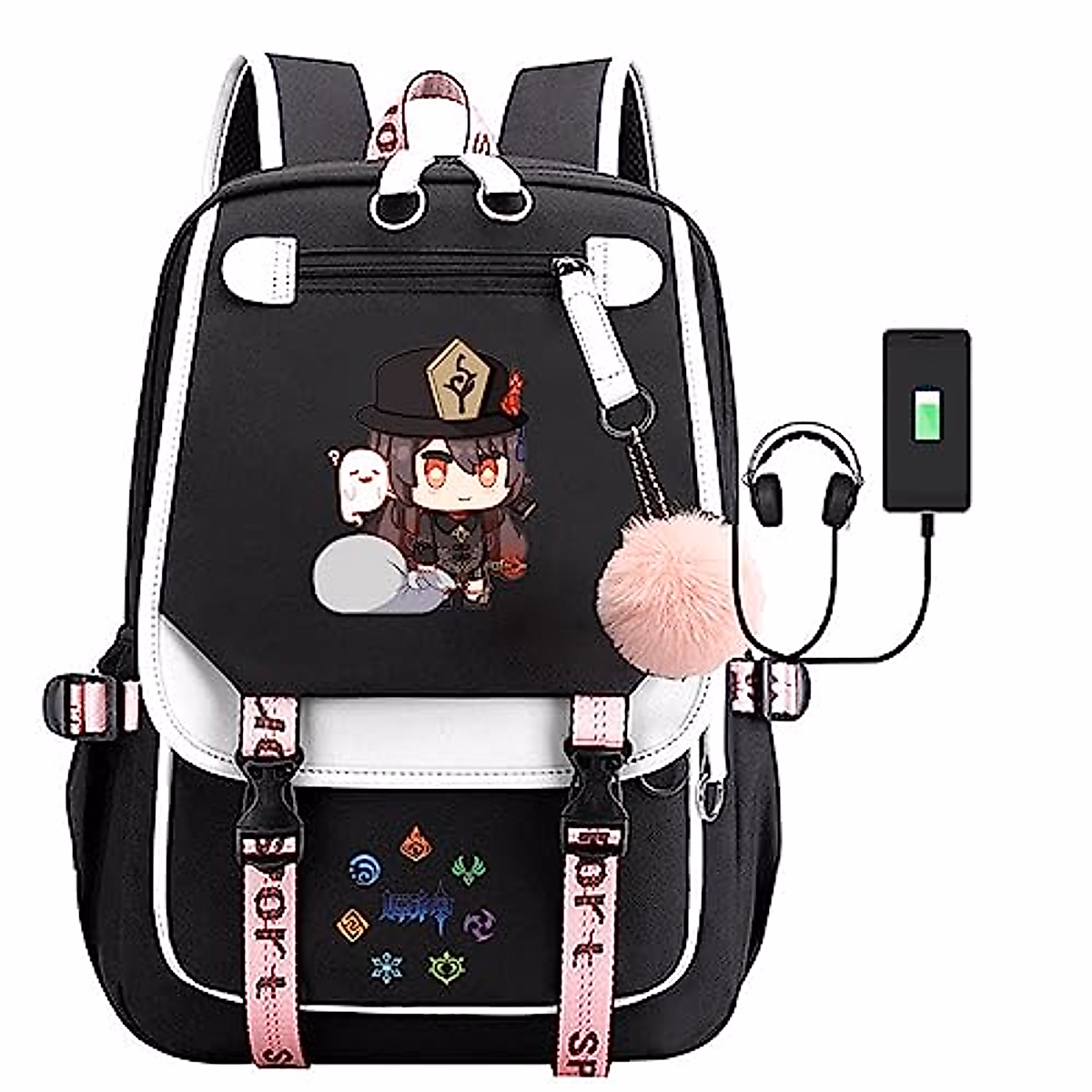 FIGHTINGGOLD Genshin Impact Backpack Anime Outdoor Dayback Cartoon Laptop Bag 21L Travel Bag with USB Charge Port Hutao Xiao