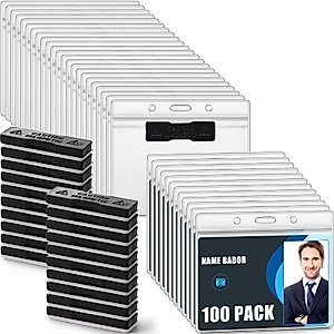 100 Pack Magnetic Name Badge Holders 100 Clear PVC Horizontal Id Card Name Tags Kit Waterproof Reusable Plastic Name Tag Holders for Office Conventions Exhibitors Events Immunization Record