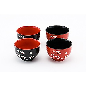 Hinomaru Collection Japanese Traditional Ceramic Rice Bowl Set of 4 Red and Black Cherry Blossom Sakura Decorative Gift Pack Multi Purpose Attractive Design