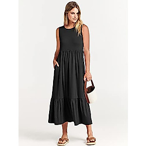 ANRABESS Women's Casual Summer Sleeveless Ruffle Sundress Round Neck A-Line Pleated Maxi Dress with Pockets 499heise-XXL Black