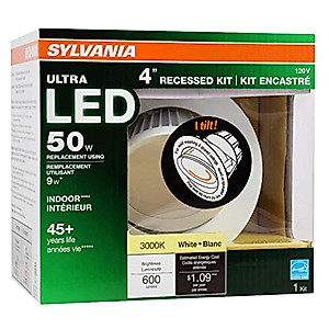 SYLVANIA General Lighting 70395 Ultra 4" Gimbal (Tilting) Recessed Downlight Kit, 50W Equivalent LED Lamp, 3000K (Warm White), White