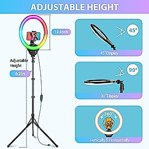 Sensyne 12" Ring Light with 62" Extendable Tripod Stand, LED Circle Light with RGB Modes for Selfies/Live Stream/Video Recording/TikTok/Photography