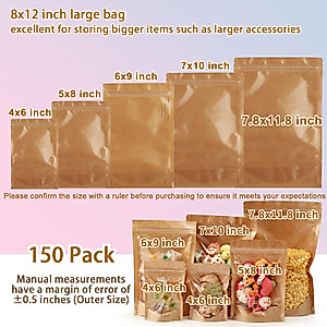 150-Pack Kraft Bags with Window 8 x 12" Reclosable Large Stand Up Mylar Bags for Food Storage Resealable Smell Proof Zip Lock Pouch, Edible Packaging, Reusable bags for Small Business