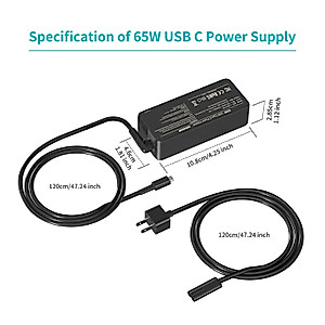 65W 20V 3.25A USB-C Power Adapter Charger for Dell XPS 12 13 9250/60 /70/80, Latitude 5290-2in1 5480 5580 7275 7280/90 7370/80/90 7480/90 and Other Type C Devices