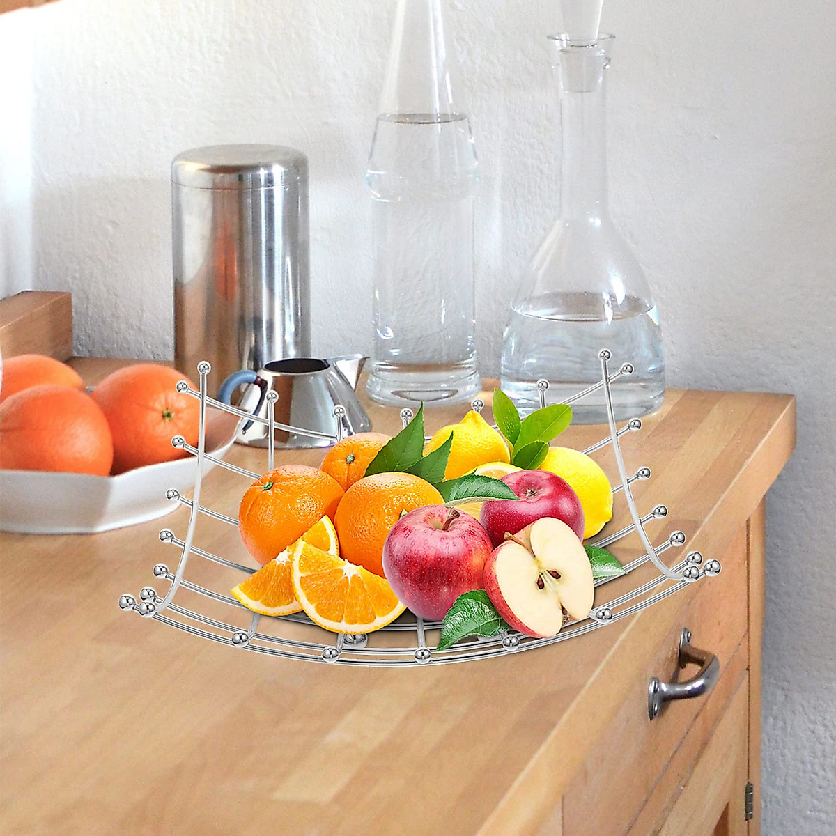 Wakauto Fruit Basket Bowl, Modern Countertop Wire Fruit Vegetable Basket Bowl Tray, Fruit Bowl Holder and Decorative Bowl Stand Perfect for Fruit, Vegetables, Snacks