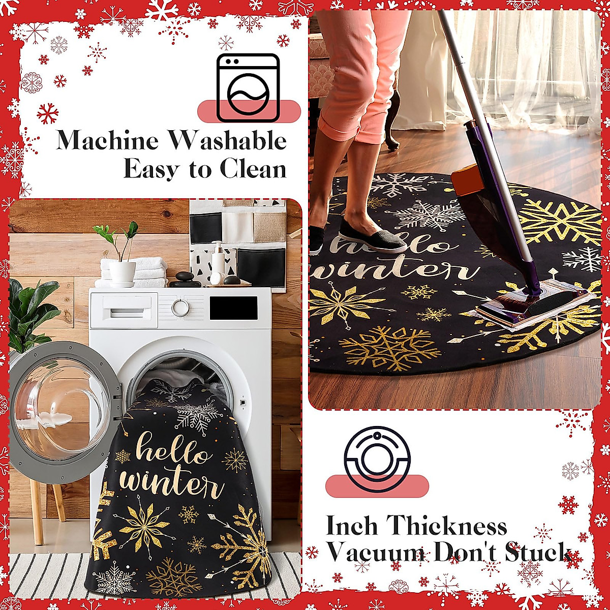 Harrycle 4ft Christmas Round Snowflakes Rug Christmas Area Rug Winter Entry Carpet Soft Xmas Large Snowflake Decor Carpet Winter Cute Sofa Circle Floor Carpets for Bedroom Nursery Living Room