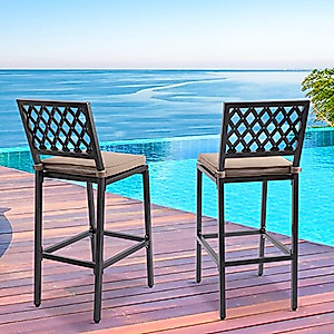 ONLYCTR Metal Dining Bar Stools, Outdoor Bar Height Stool, Indoor Outdoor Stools with High Back & Cushions, Hammered Gray Finish, 29" Barstools for Patio, Bistro