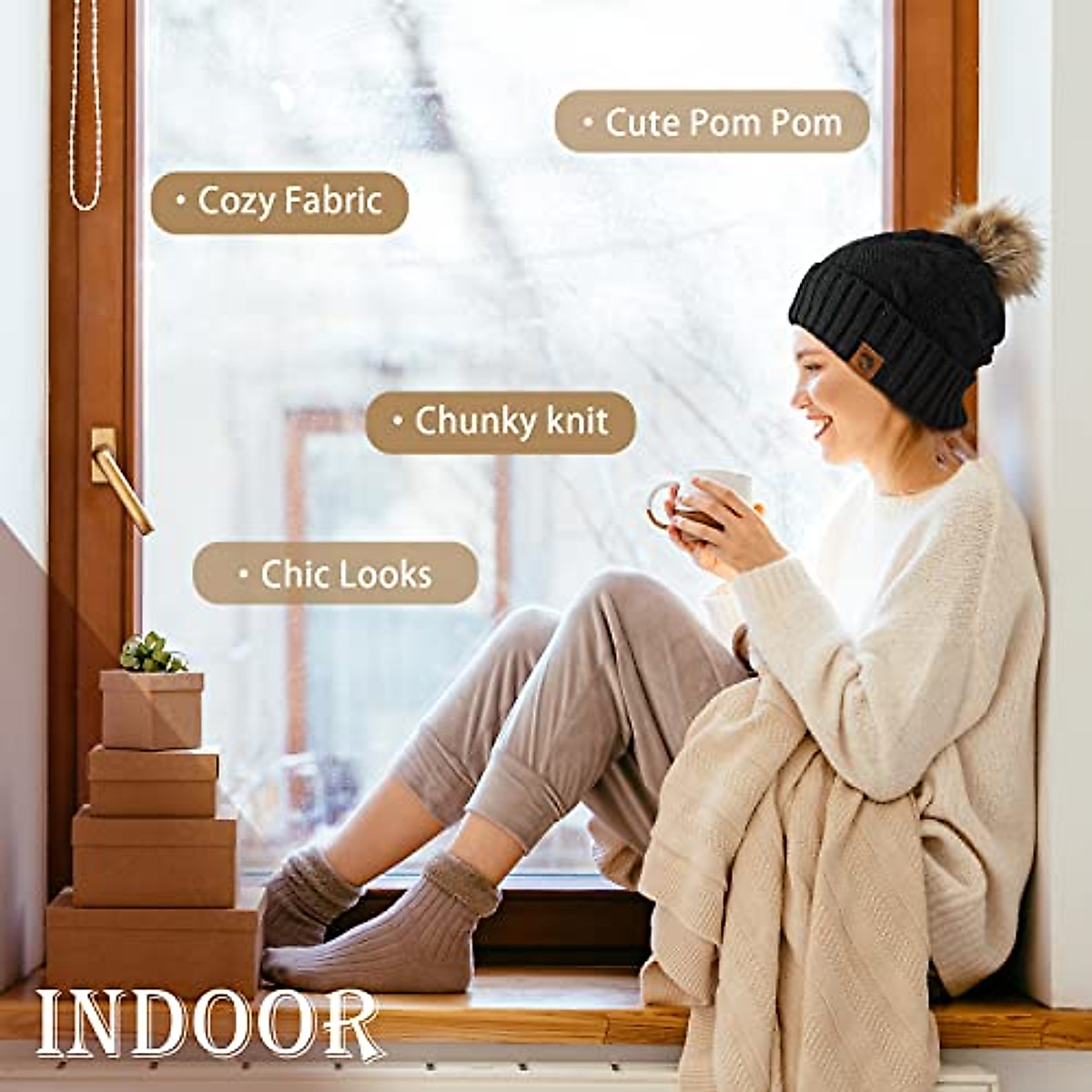 Winter Beanie Hats Gifts for Women - Christmas Stocking Stuffers Birthday Gifts Unique for Women Teens Girls Black Warm knit Beanies Hat with Fur Pom Fashion Skull Cap Slouchy for Ladies Unisex Adults