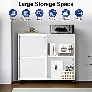 LISSIMO Metal File Cabinet,Lockable Lateral Filing Cabinet for Letter/A4 Size Files,Rolling Printer Stand with Adjustable Shelf & Lockable Wheelss for Home Office(White)