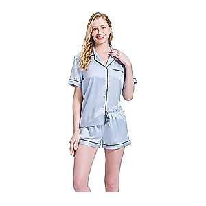 Pure as a lotus Women Sleepwear Sets Silk Pajamas Set Loungewear Button-Down Two-piece Pj Sets Shorts Nightwear Set Blue