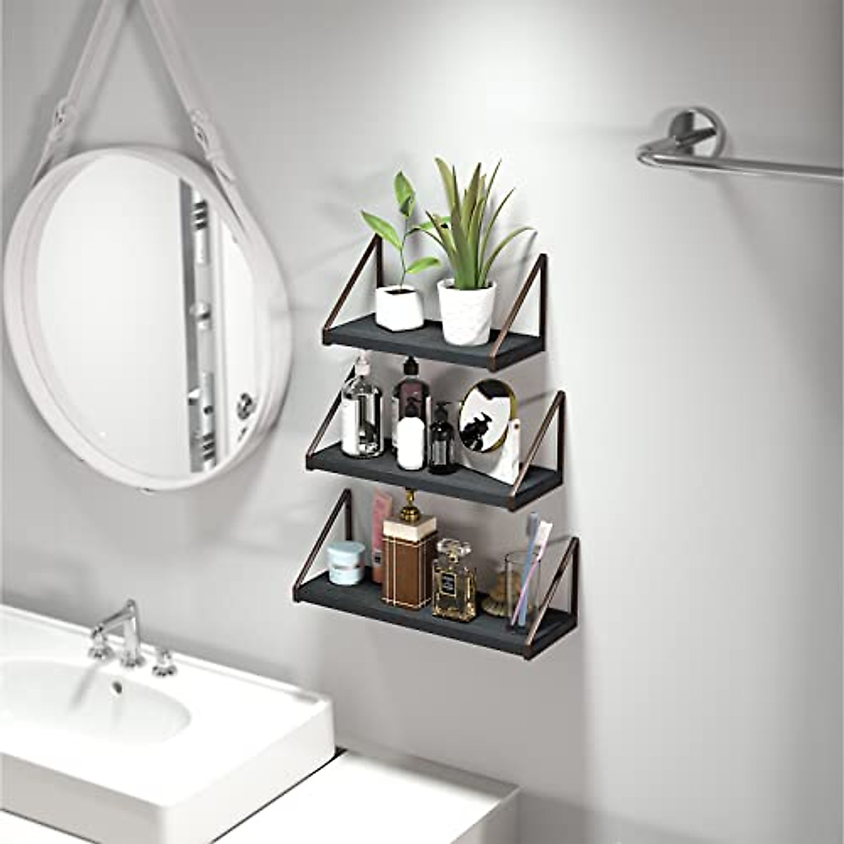 Love-KANKEI Floating Shelves Rustic Shelves Wall Mounted Set of 3 Wall Storage Shelves for Living Room, Bedroom, Kitchen Black/Brown Brackets