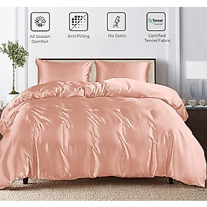 Linenwalas Tencel Lyocell Duvet Cover Set with Deep Pocket Fitted Sheet, Viscose Made from Eucalyptus Soft, Lightweight and Breathable Complete Bedding Set (Rose Gold, Queen)